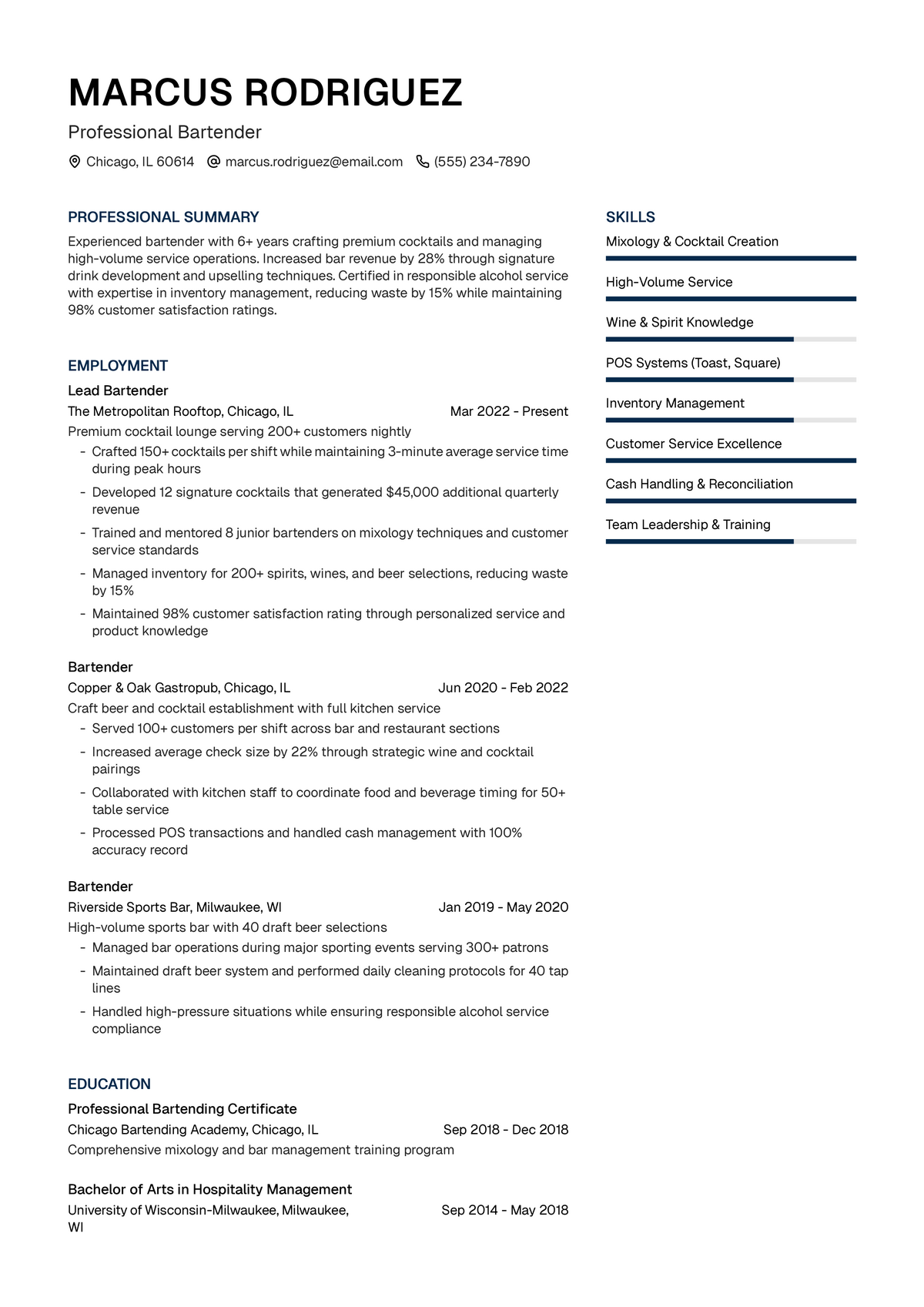 Bartender Resume Example & Writing Guide | UseResume