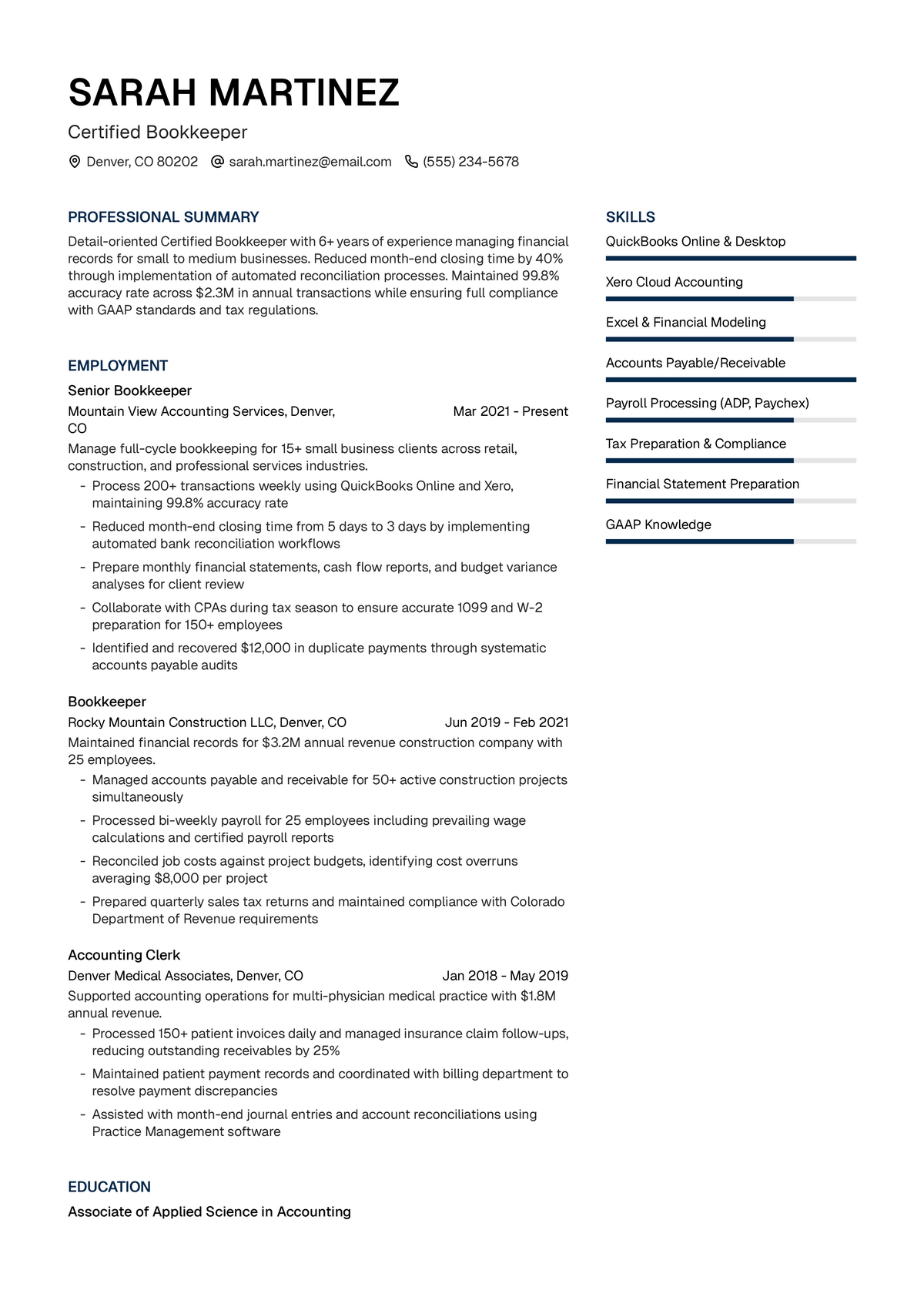 Bookkeeper Resume Example & Writing Guide | UseResume