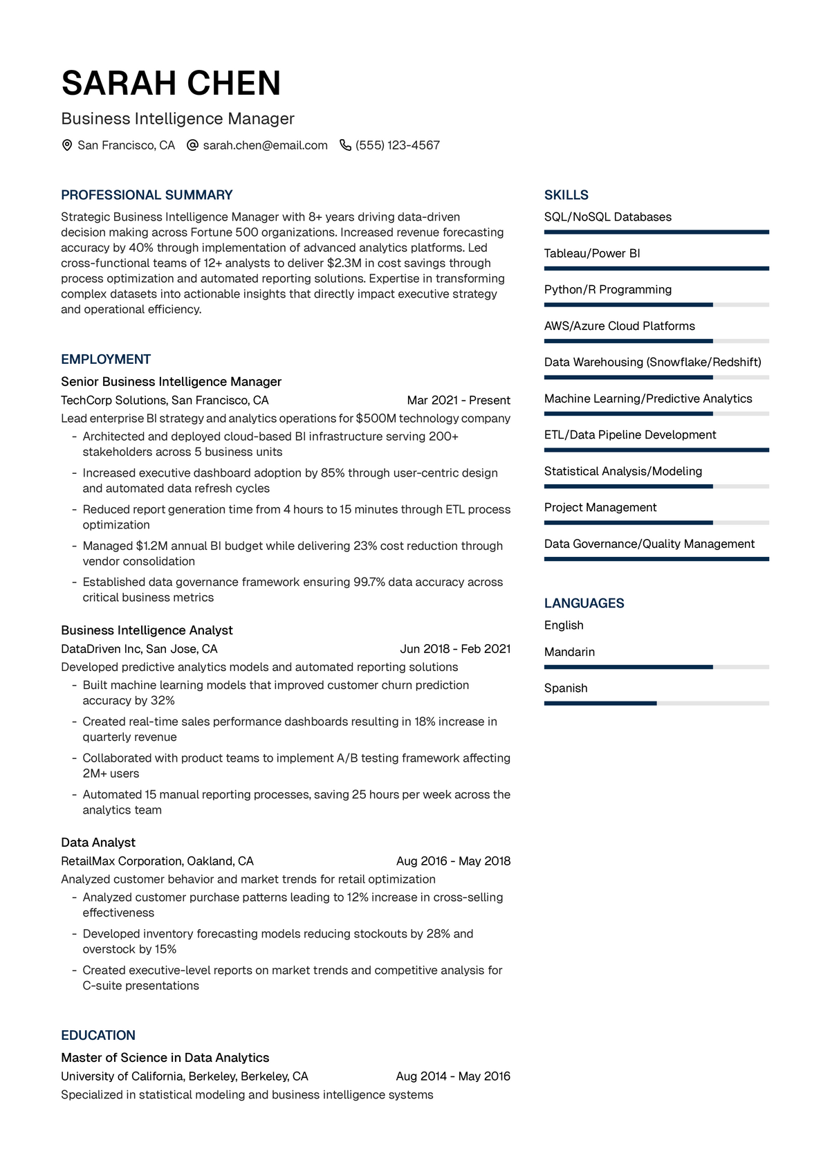 Business Intelligence Manager Resume Example & Writing Guide | UseResume