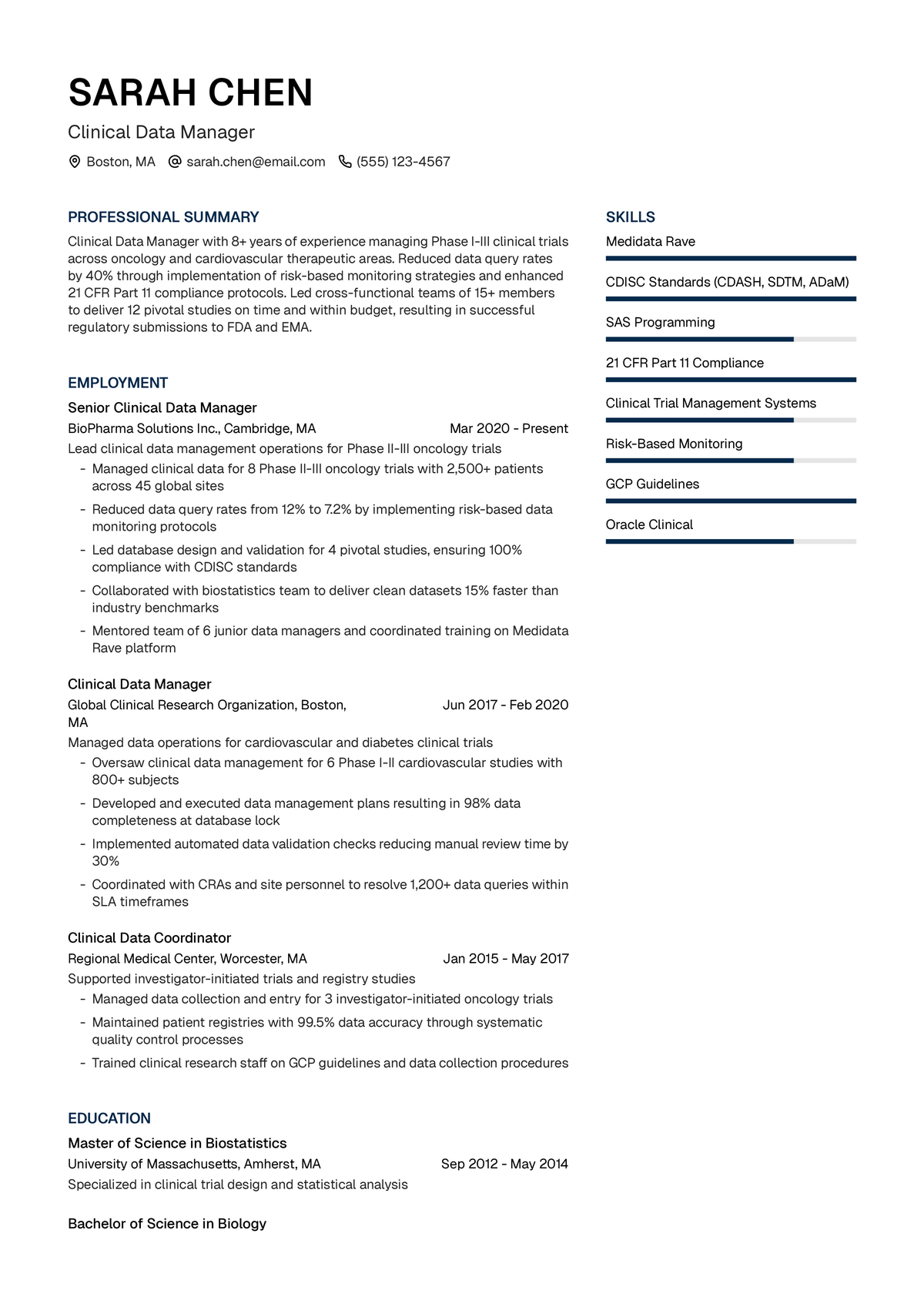 Clinical Data Manager Resume Example & Writing Guide | UseResume AI ...