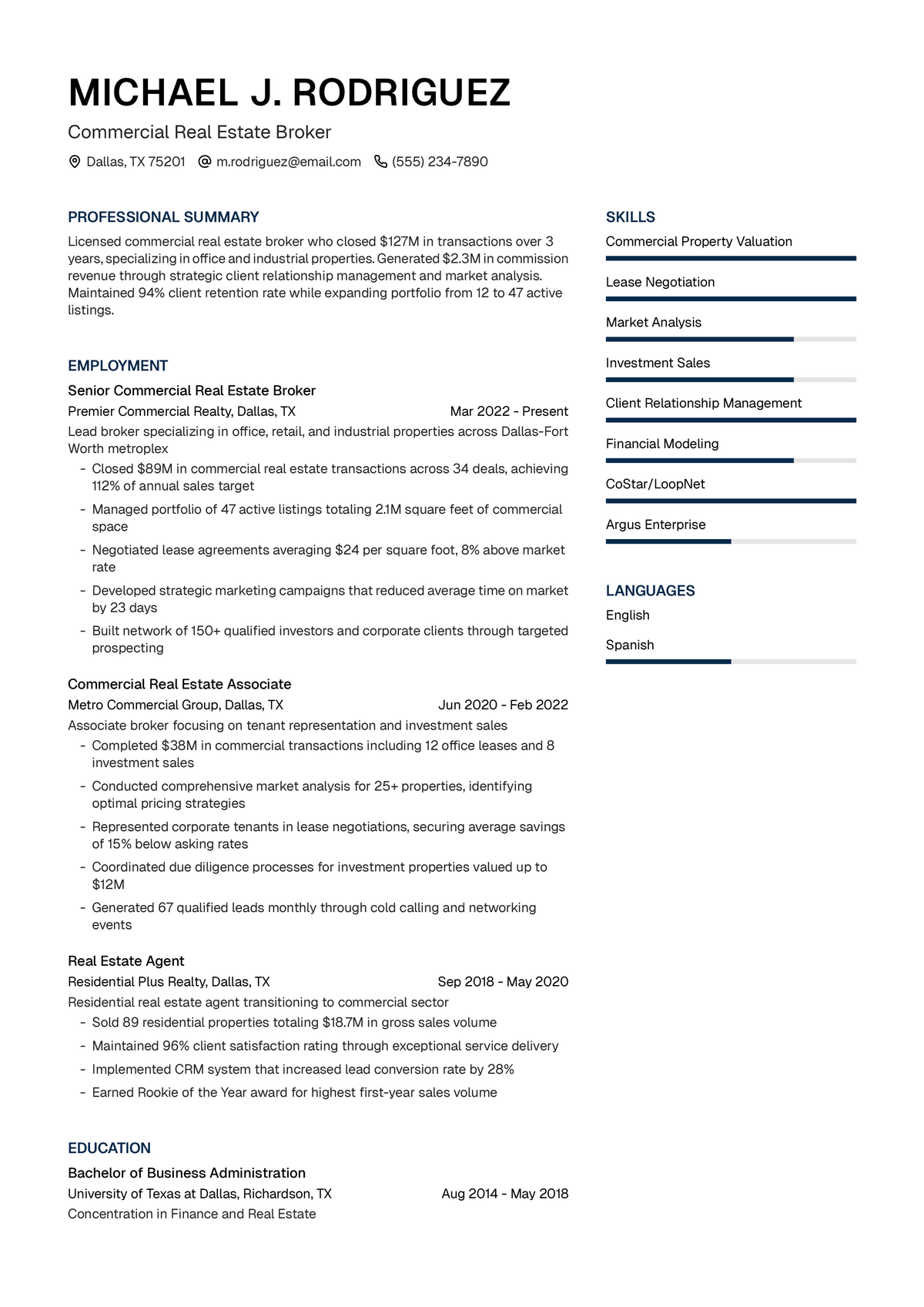 Commercial Real Estate Broker Resume Example & Writing Guide | UseResume AI