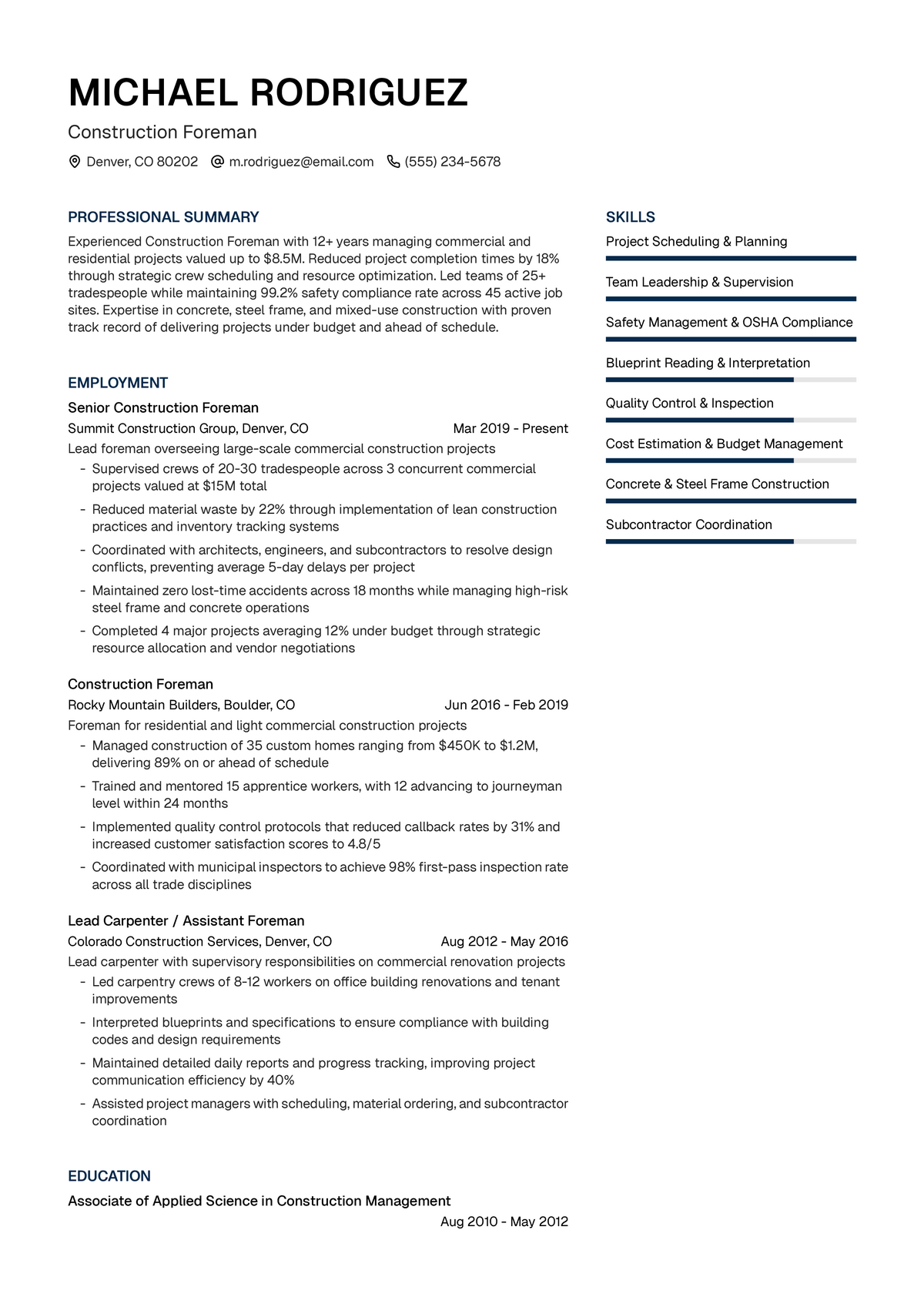 Construction Foreman Resume Example & Writing Guide | UseResume