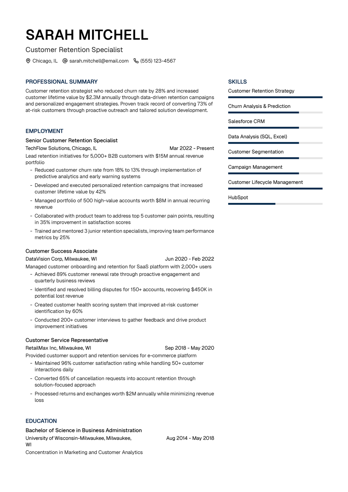 Customer Retention Specialist Resume Example & Writing Guide | UseResume