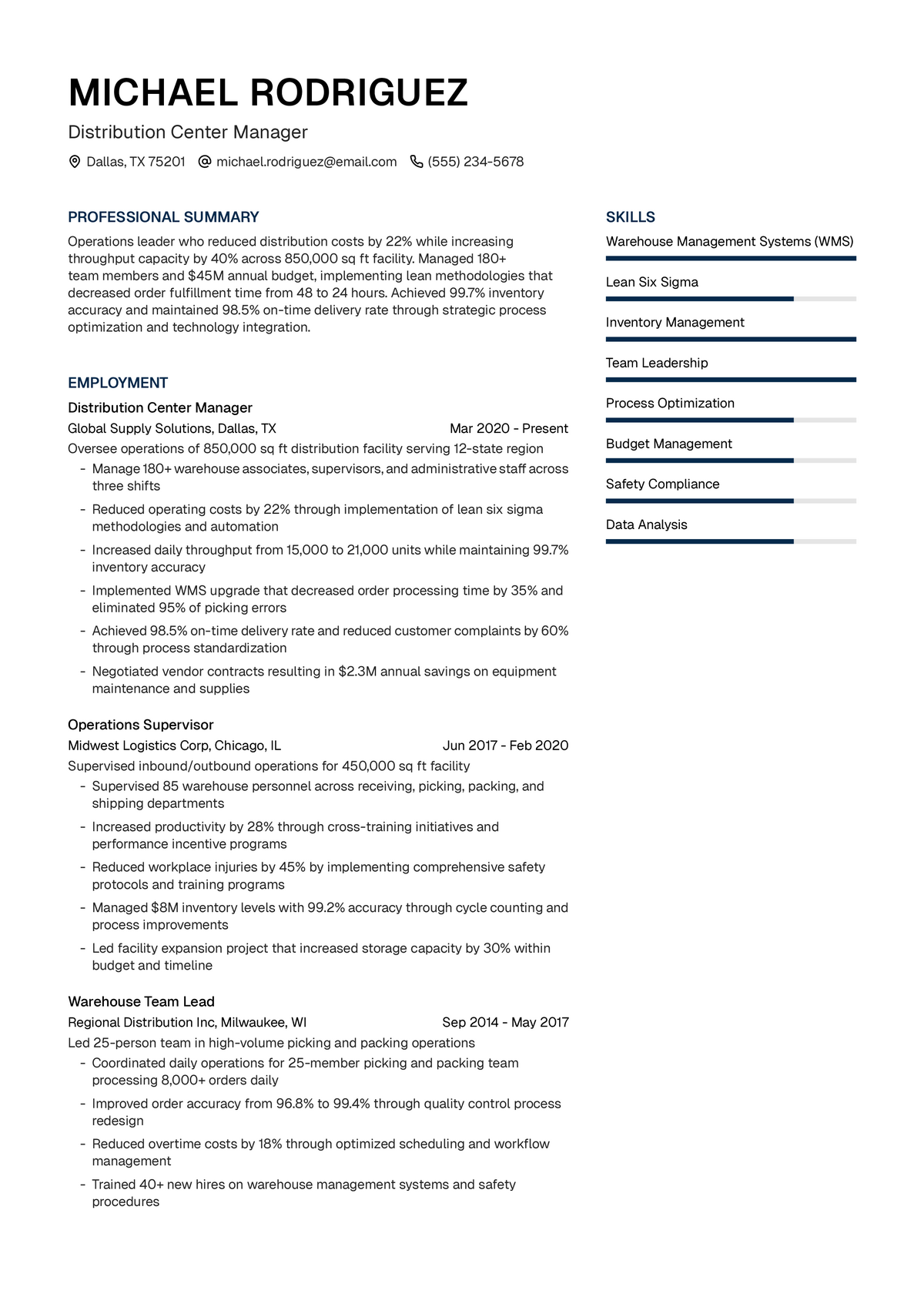 Distribution Center Manager Resume Example & Writing Guide | UseResume