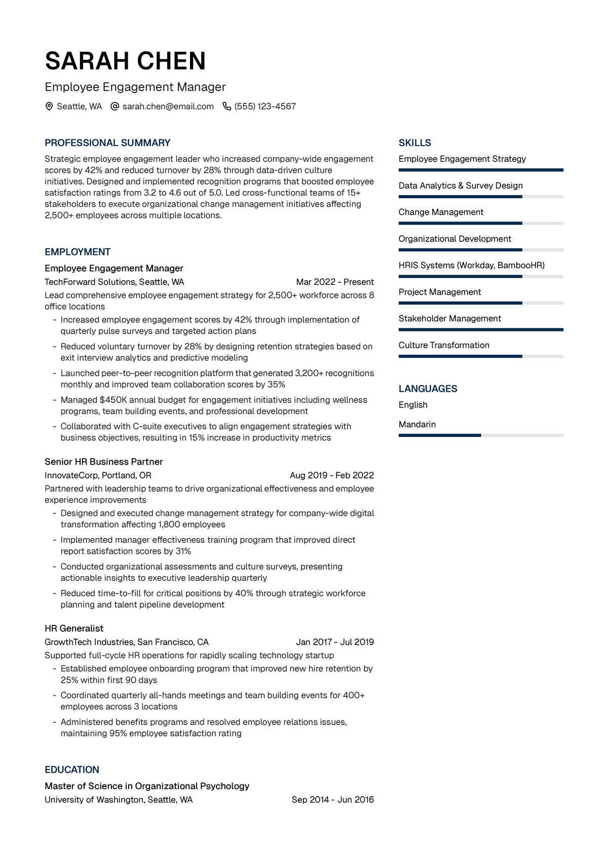 Employee Engagement Manager Resume Example & Writing Guide | UseResume