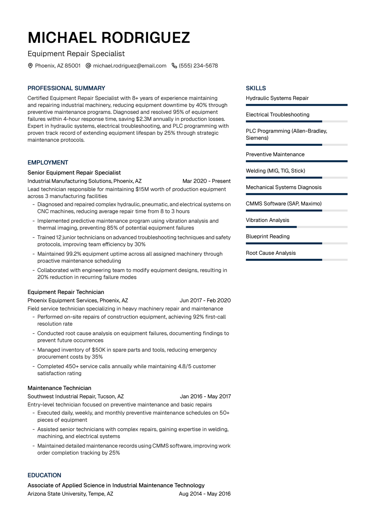 Equipment Repair Specialist Resume Example & Writing Guide | UseResume AI