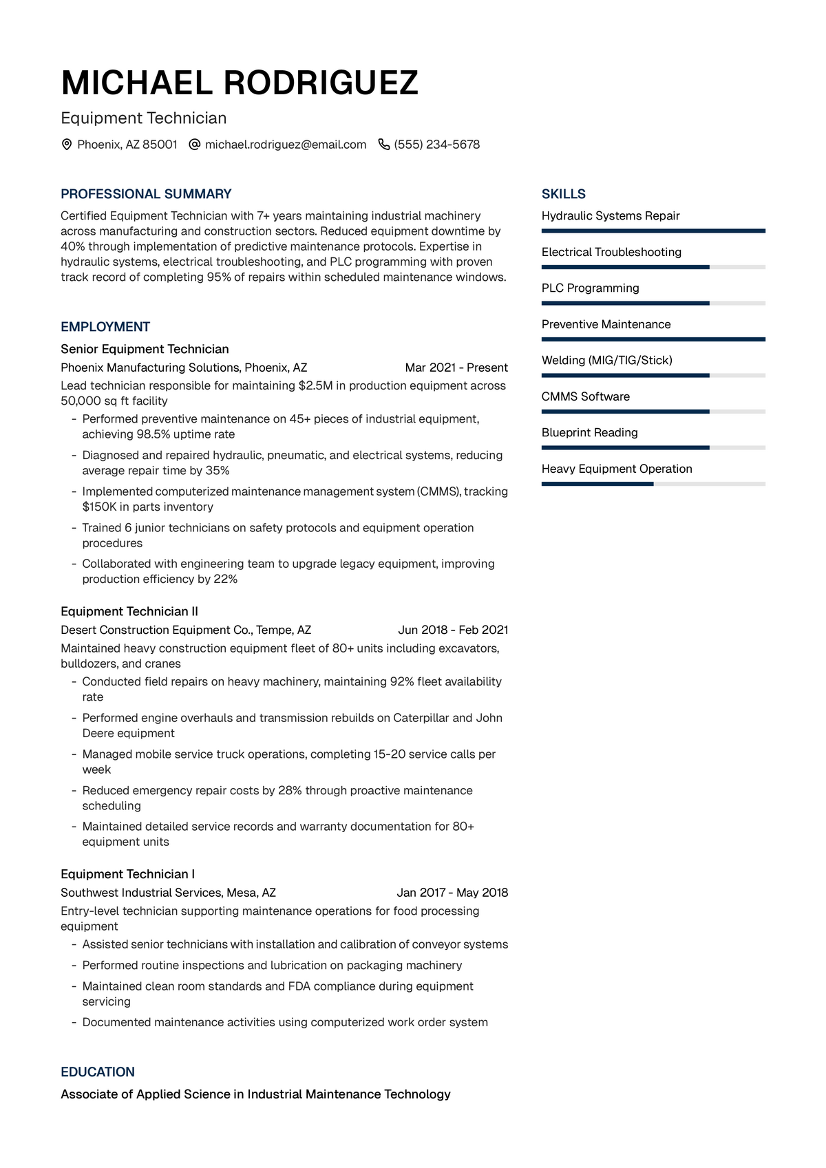 Equipment Technician Resume Example & Writing Guide | UseResume AI ...