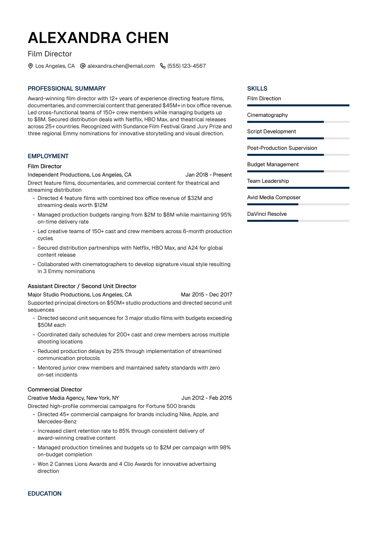Film Director Resume Example & Writing Guide | UseResume AI | UseResume AI