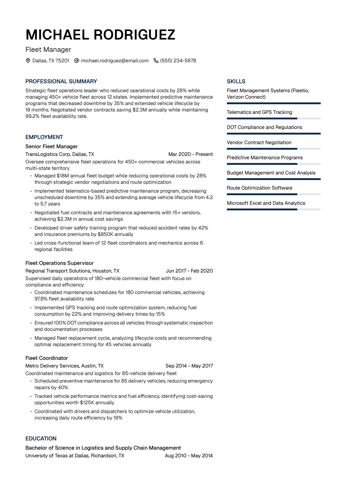 Fleet Manager Resume Example & Writing Guide | UseResume AI