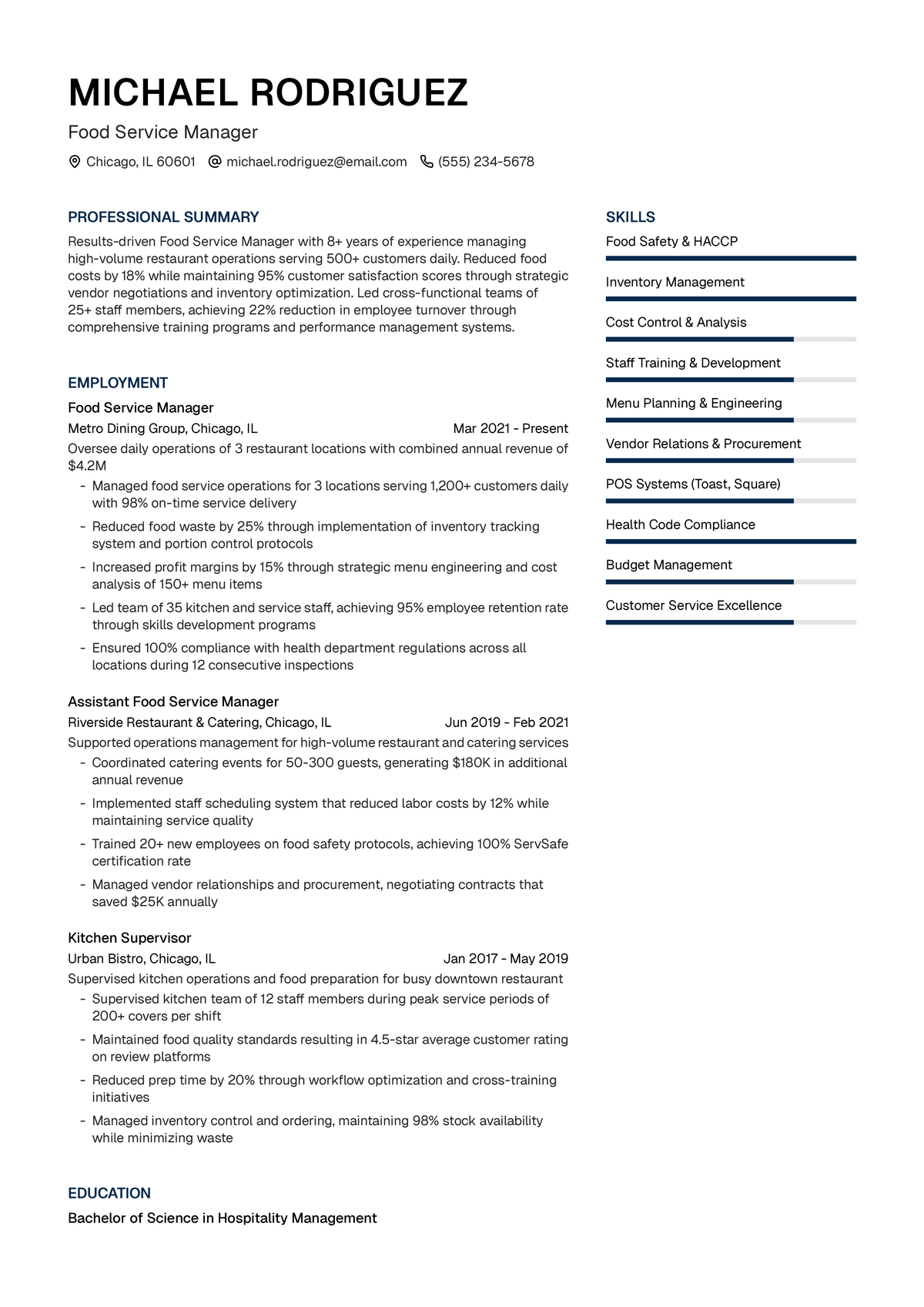 Food Service Manager Resume Example & Writing Guide | UseResume