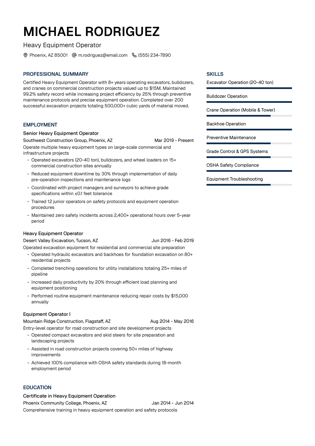 Heavy Equipment Operator Resume Example & Writing Guide | UseResume