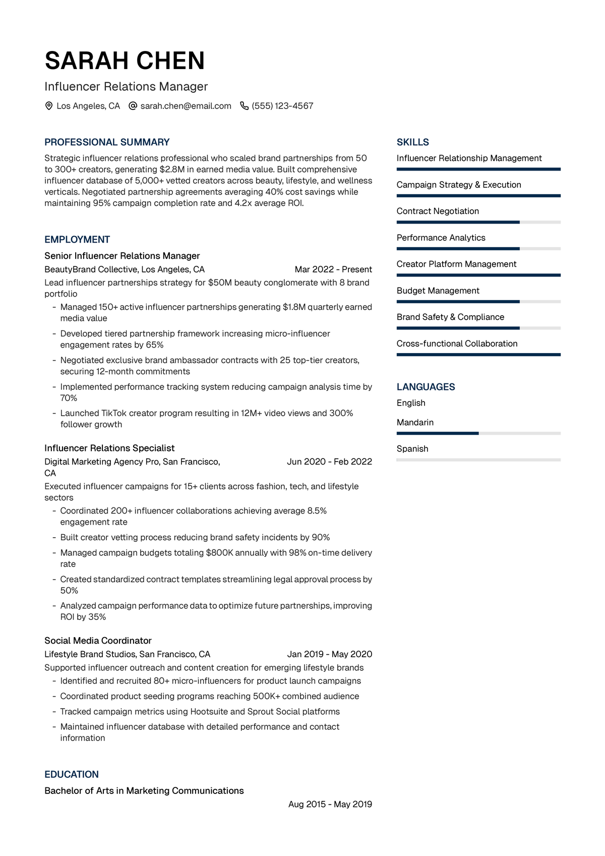 Influencer Relations Manager Resume Example & Writing Guide | UseResume