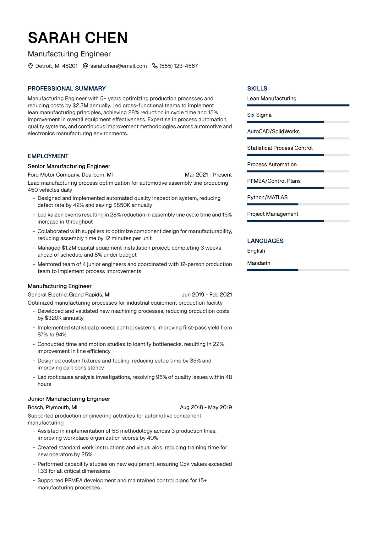 Manufacturing Engineer Resume Example & Writing Guide | UseResume