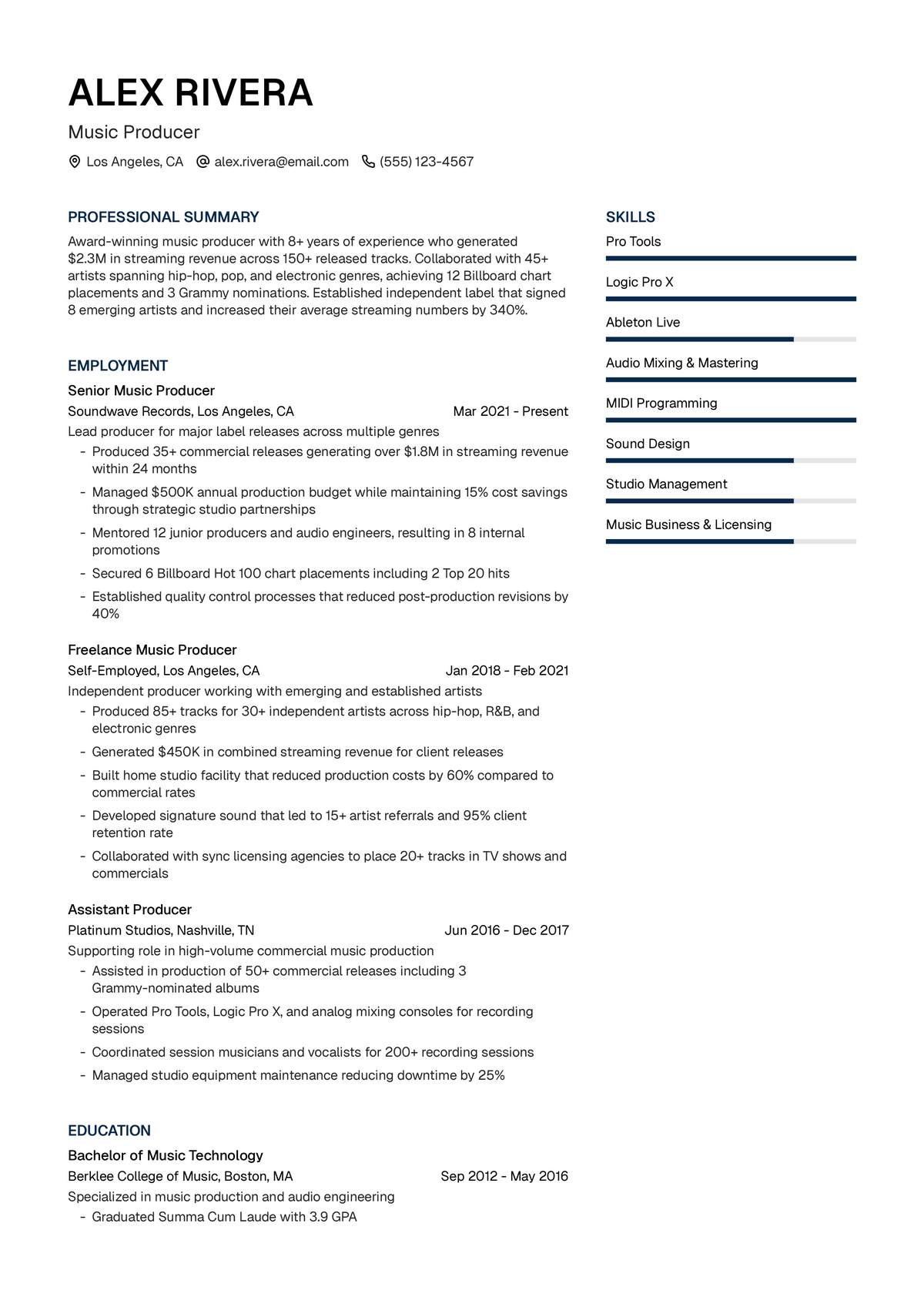 Music Producer Resume Example & Writing Guide | UseResume AI