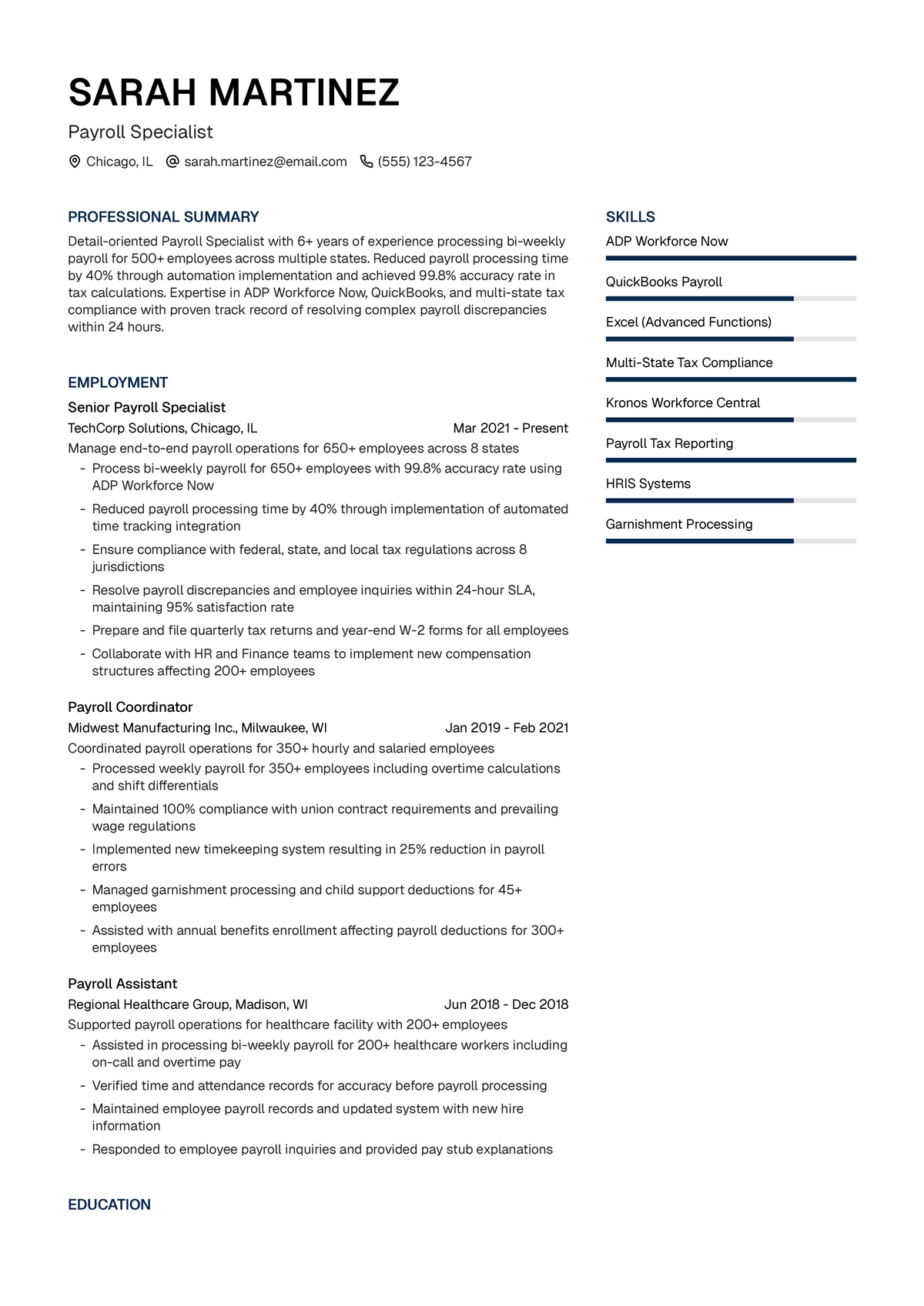 Payroll Specialist Resume Example & Writing Guide | UseResume AI ...