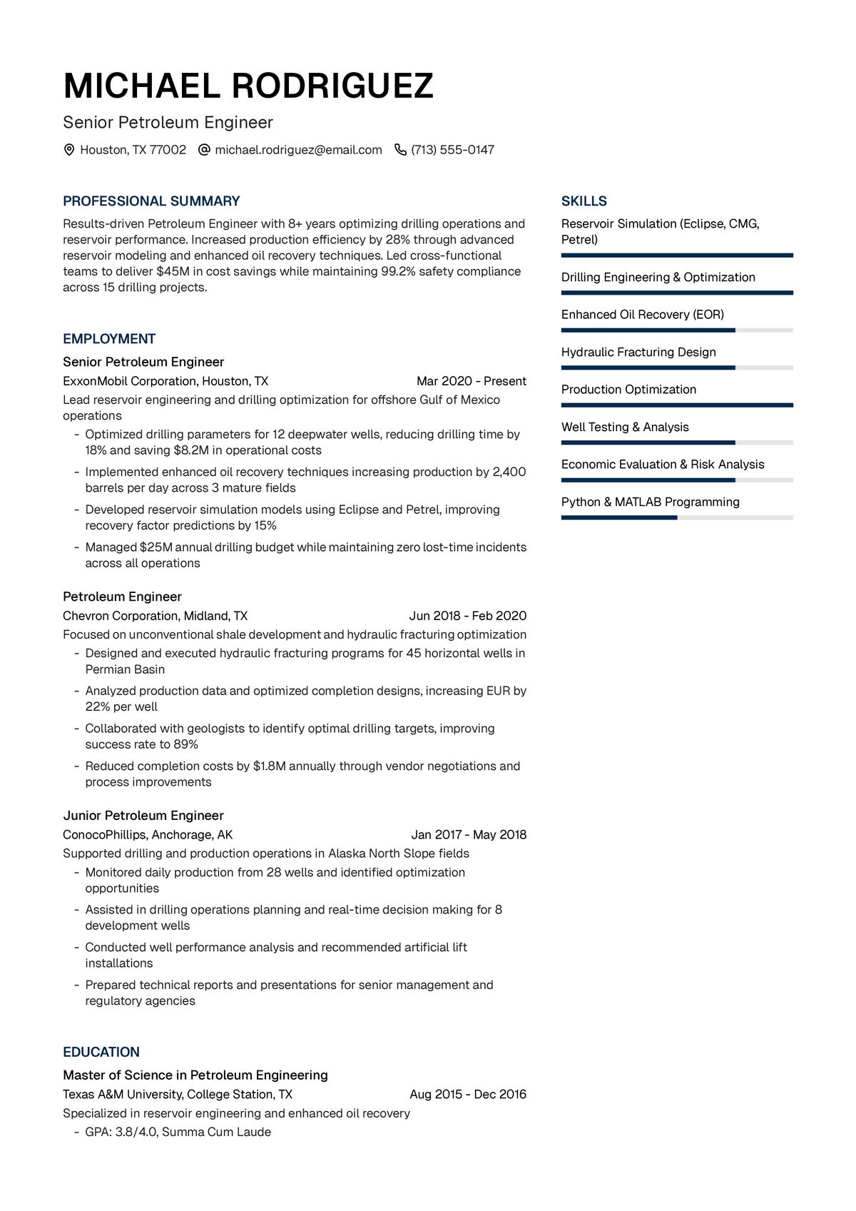 Petroleum Engineer Resume Example & Writing Guide | UseResume
