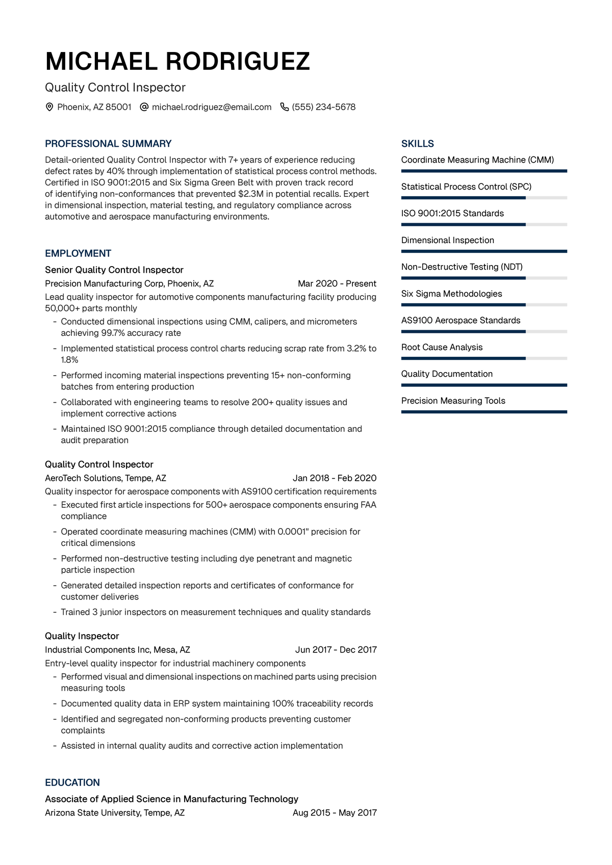 Quality Control Inspector Resume Example & Writing Guide | UseResume AI ...