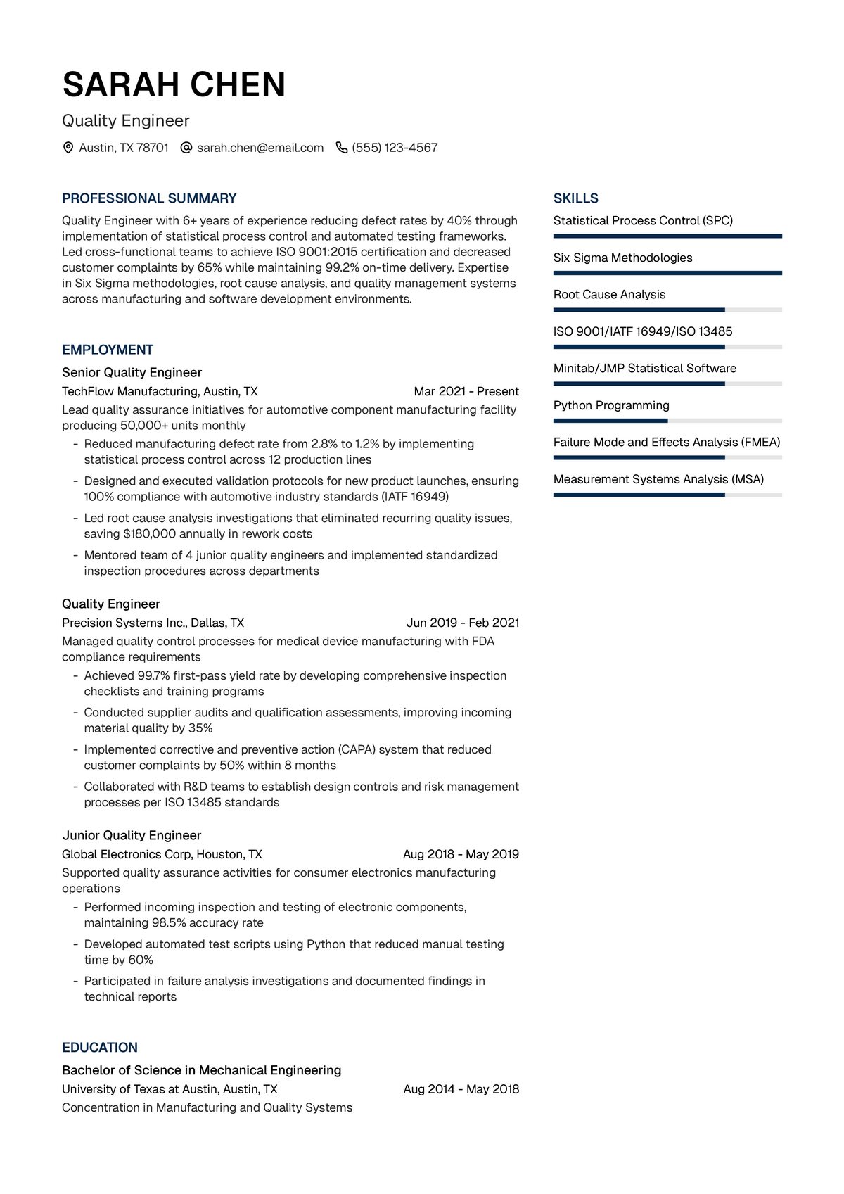 Quality Engineer Resume Example & Writing Guide | UseResume