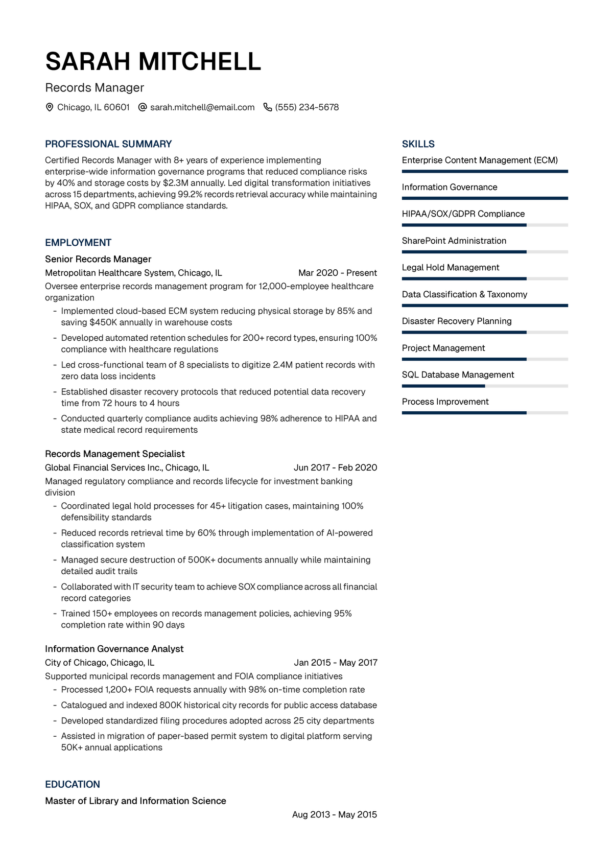 Records Manager Resume Example & Writing Guide | UseResume AI