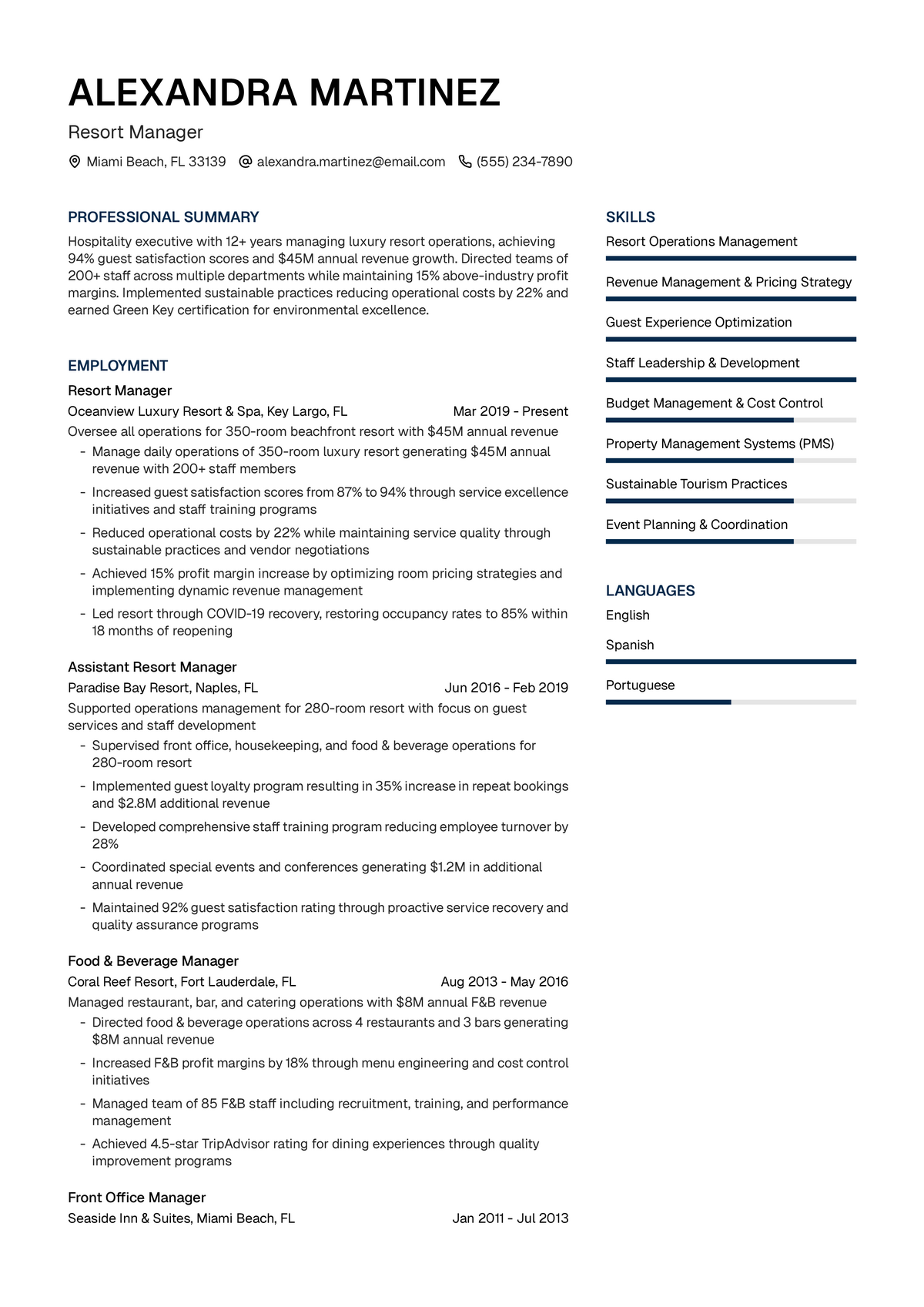 Resort Manager Resume Example & Writing Guide | UseResume