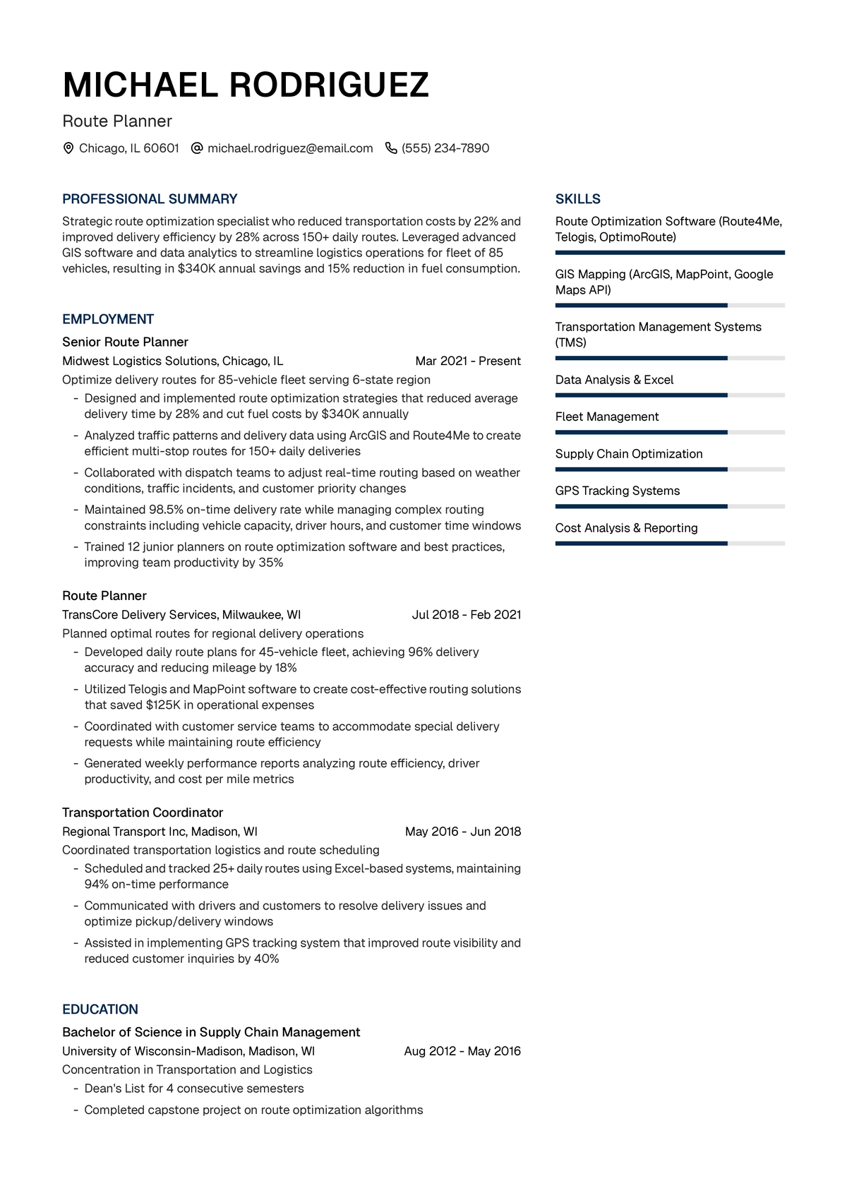 Route Planner Resume Example & Writing Guide | UseResume