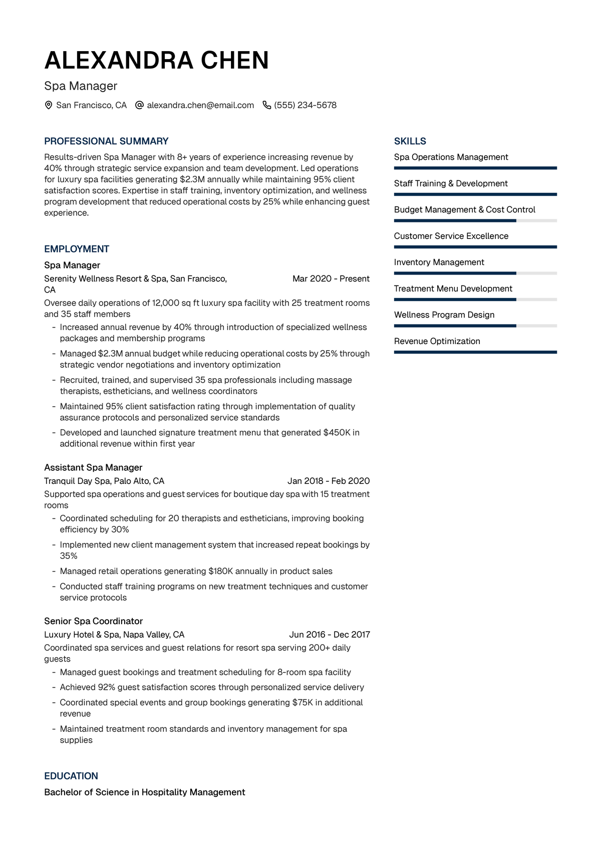 Spa Manager Resume Example & Writing Guide | UseResume