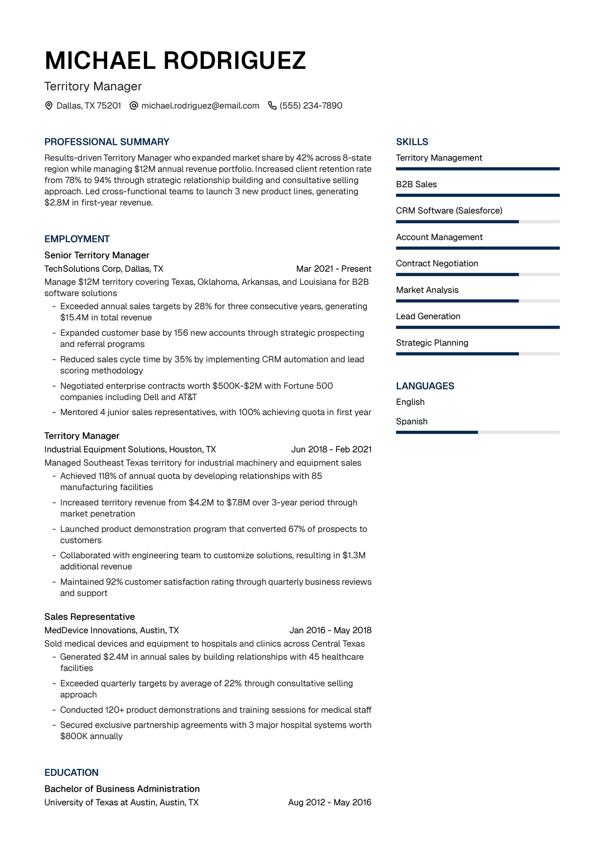 Territory Manager Resume Example & Writing Guide | UseResume AI